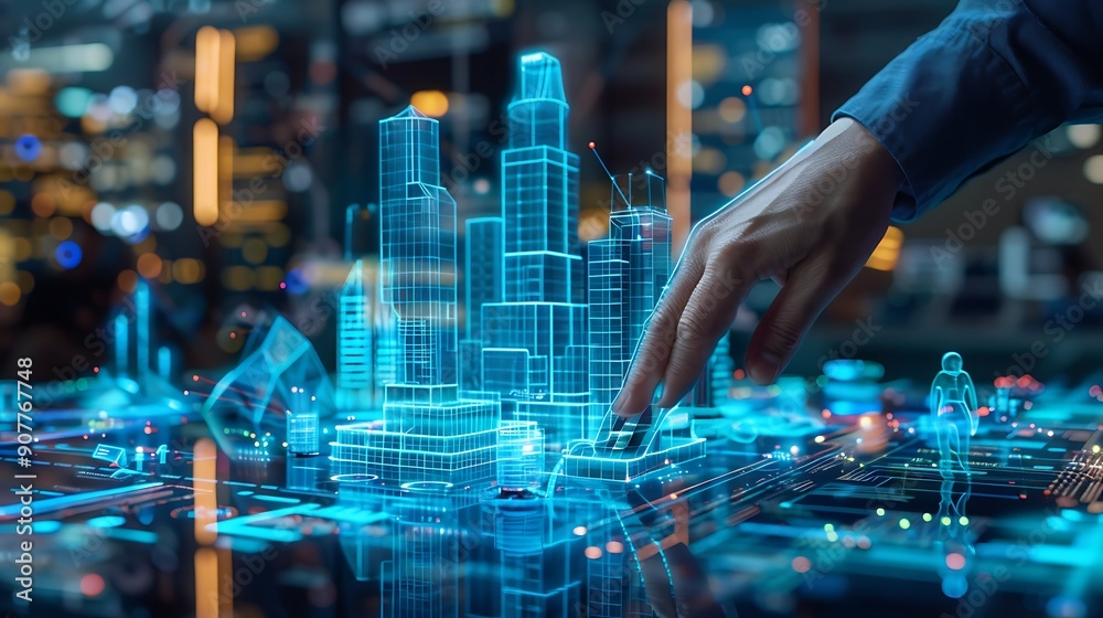 3D model of a city is displayed on a digital screen, with a hand ...