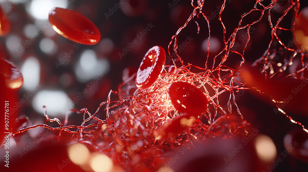 3D render of microscopic view of blood clotting process, featuring ...