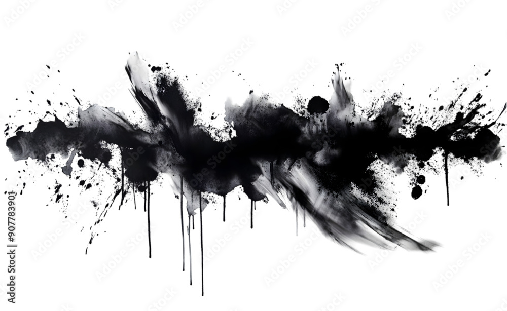 Runny black ink splotches and swatches isolated on transparent ...