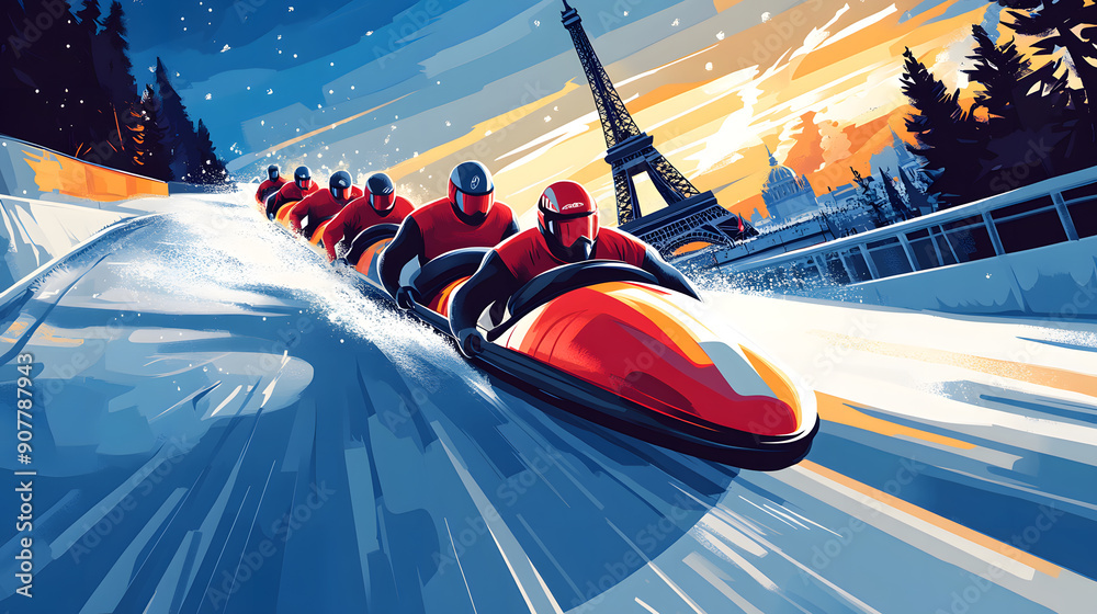 Olympic Paris 2024, bobsleigh team racing down the track with the ...
