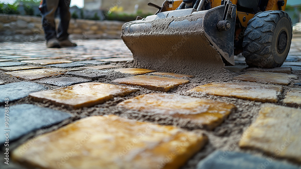 A telephoto angle photo of a worker using a compactor machine to settle ...