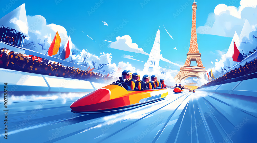 Olympic Paris 2024, bobsleigh team racing down the track with the ...