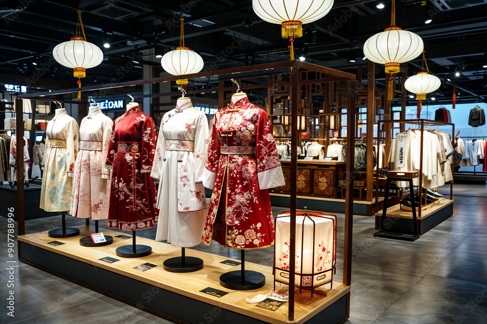 Traditional Chinese clothing display in modern retail store, featuring ...