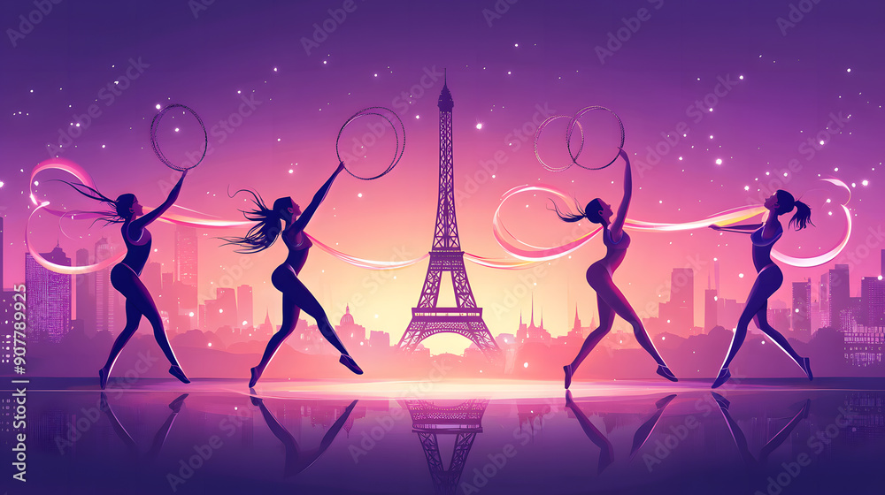 Olympic Paris 2024, rhythmic gymnasts performing with ribbons and hoops ...