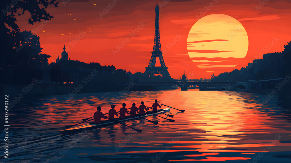 Olympic Paris 2024, rowing teams competing on the water with the Eiffel ...