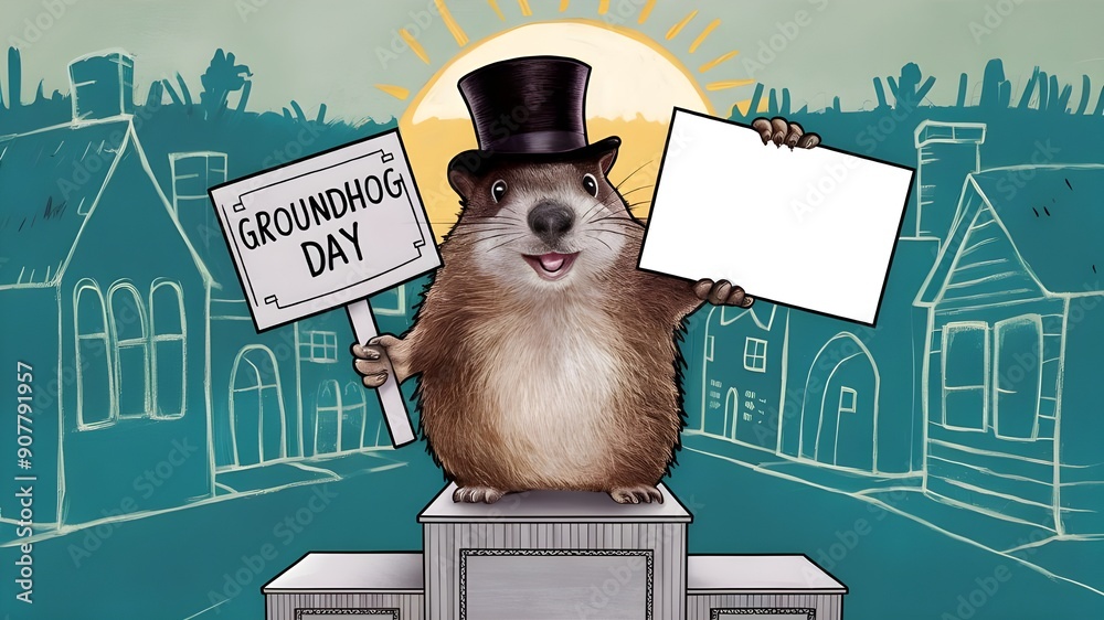 Groundhog Day Celebration: Groundhog Holding Blank White Card for ...