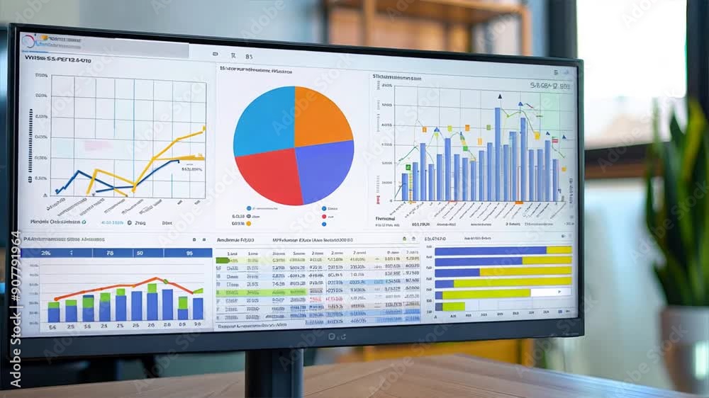 computer monitor displaying a pie chart and bar graph analysis, with a ...