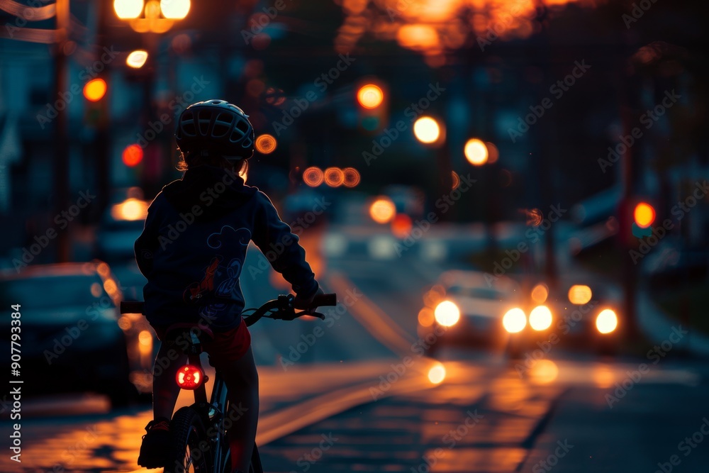 Child Cycling at Twilight with Streetlights Glowing for Safety and ...