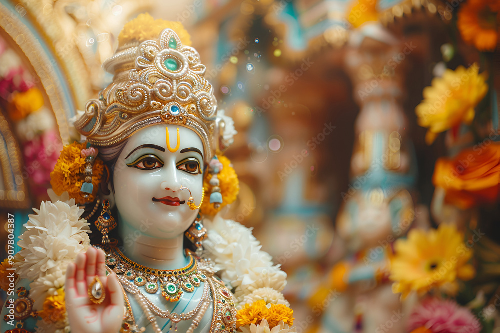 Krishna in a Hindu temple, emanating a divine aura with a radiant smile ...