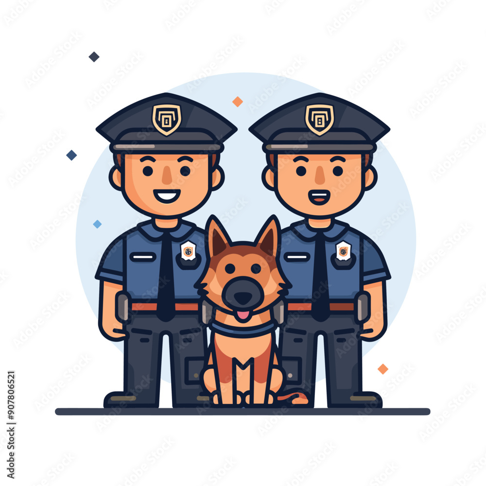 Two cartoon police officers police dog standing together, smiling ...