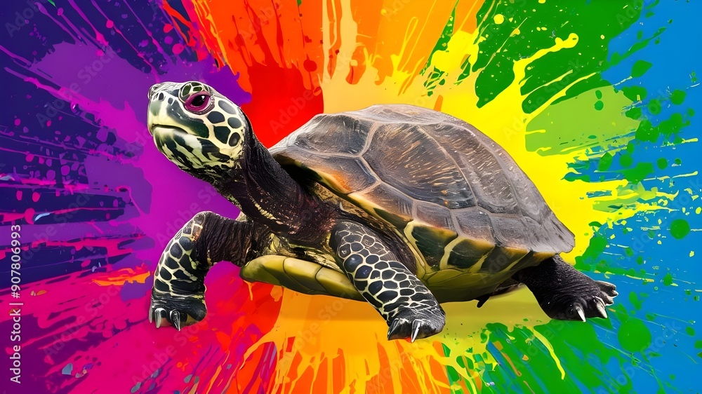 Vibrant Turtle Art: Painted Animal with Splash Painting Technique on ...