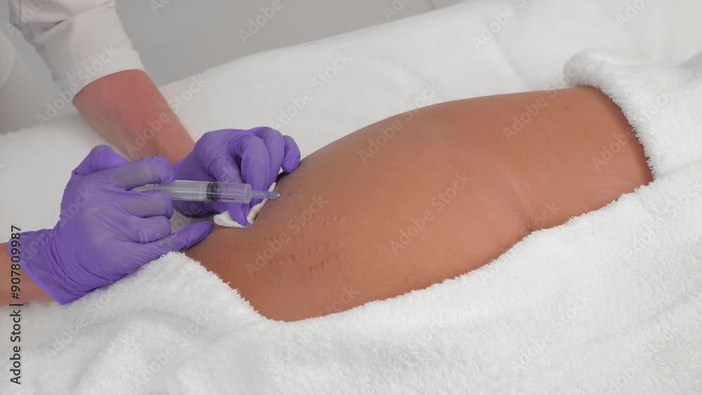 Stretch mark removal procedure on skin with injections in a cosmetic ...
