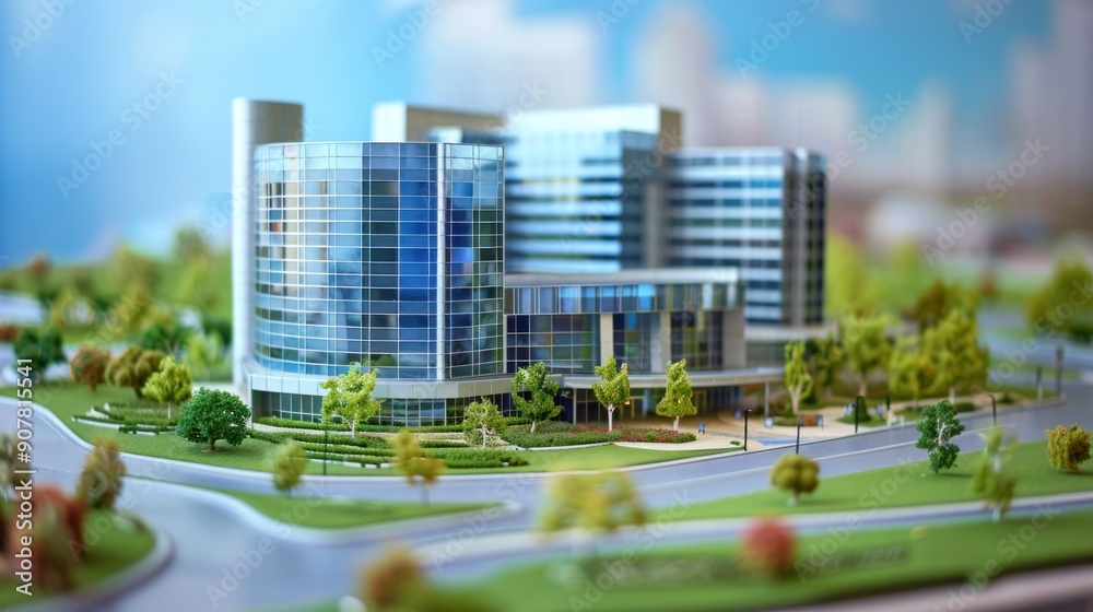 Generate a photo realistic image of a maquette depicting a corporate ...