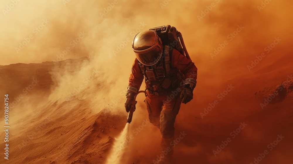 Astronaut walking through a sandstorm on Mars wearing a spacesuit and ...