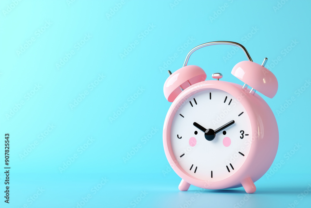 Cute pink alarm clock on pastel blue background, in a minimalistic ...
