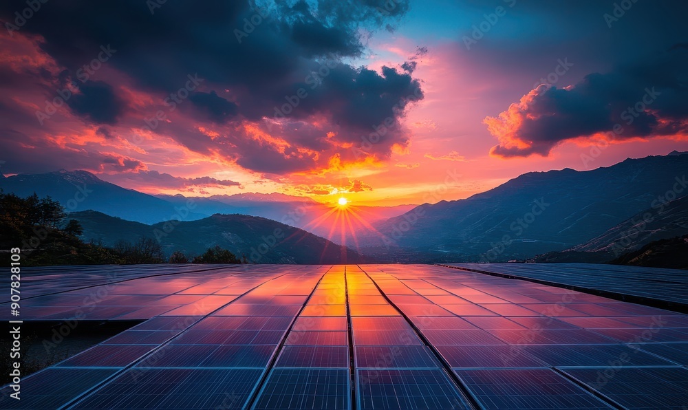 Solar energy farm with rows of photovoltaic panels against a backdrop ...