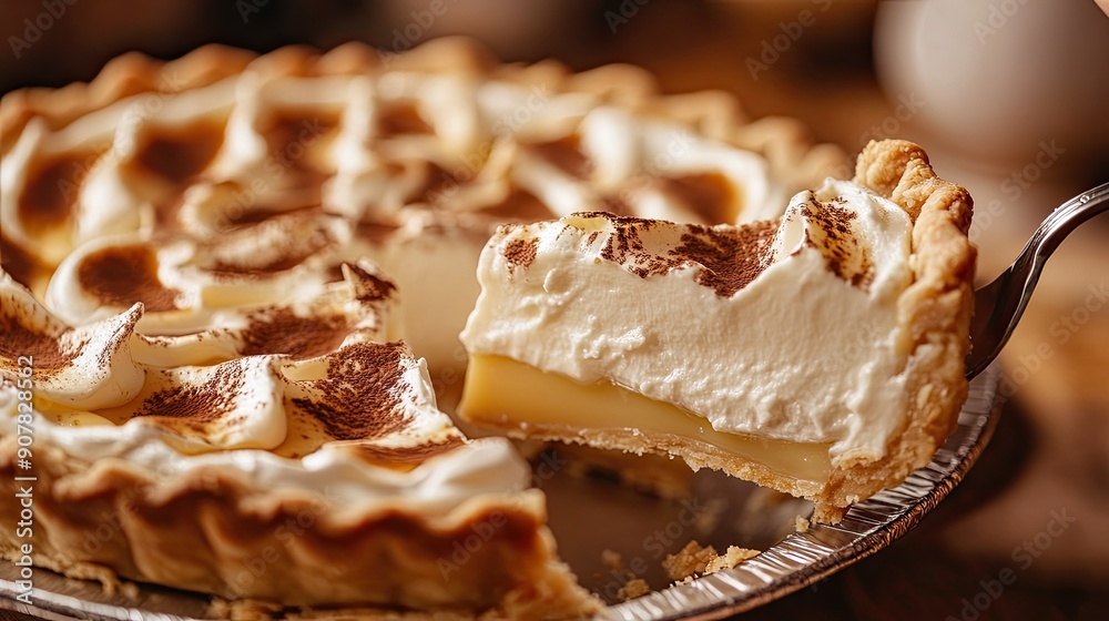 Detailed shot of a slice being taken from a quartered pie, highlighting ...