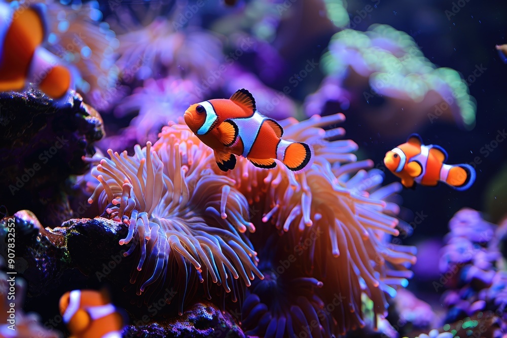 Clownfish swim among vibrant coral. The image showcases the symbiotic ...