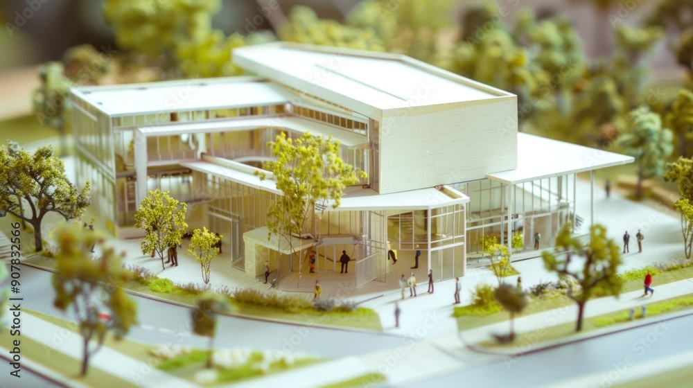 Generate a photo realistic image of a maquette showcasing an art center ...