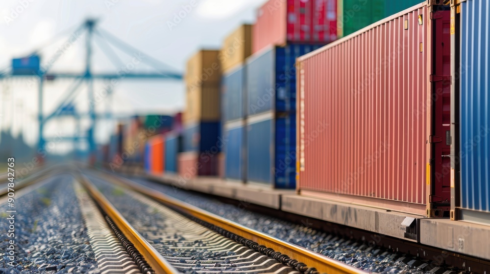 Colorful shipping containers lined along railroad tracks in a transport ...