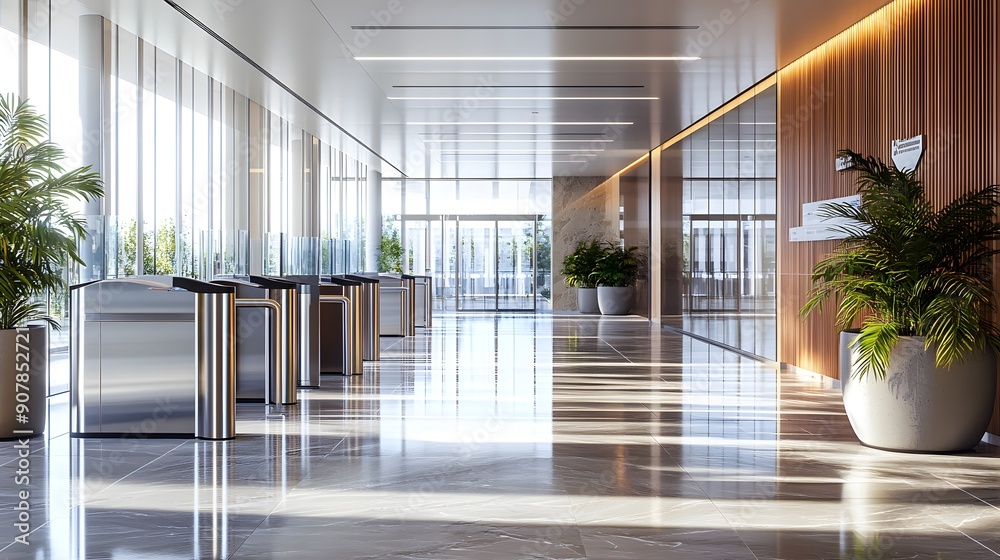 Modern office lobby, security turnstiles, floor-to-ceiling windows ...