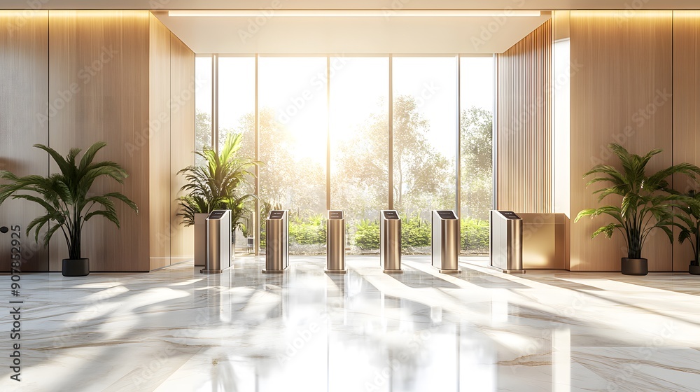 Modern office lobby, security turnstiles, floor-to-ceiling windows ...