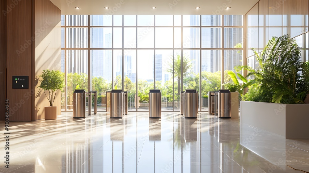 Modern office lobby, security turnstiles, floor-to-ceiling windows ...