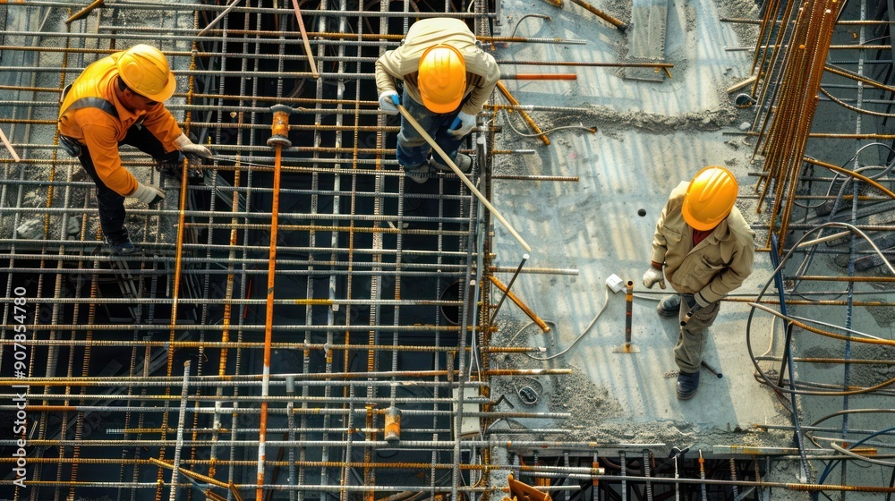 Construction workers assemble rebar for concrete reinforcement of ...