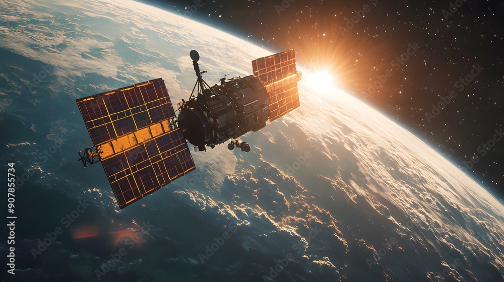 Satellite orbiting Earth, space exploration, solar panels ...