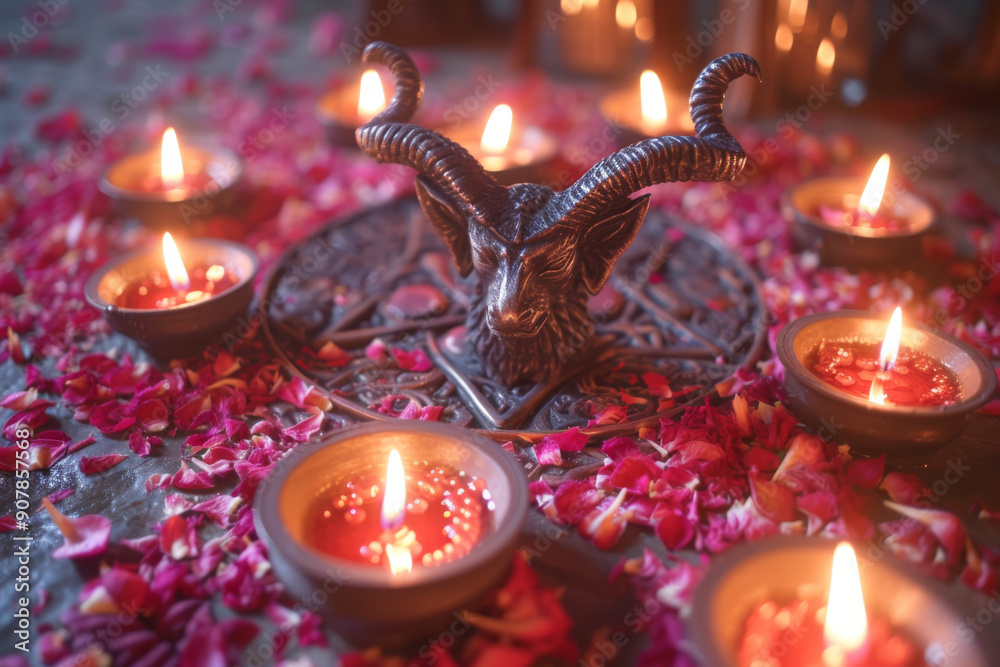 Baphomet statue surrounded by glowing candles in dark creating ...