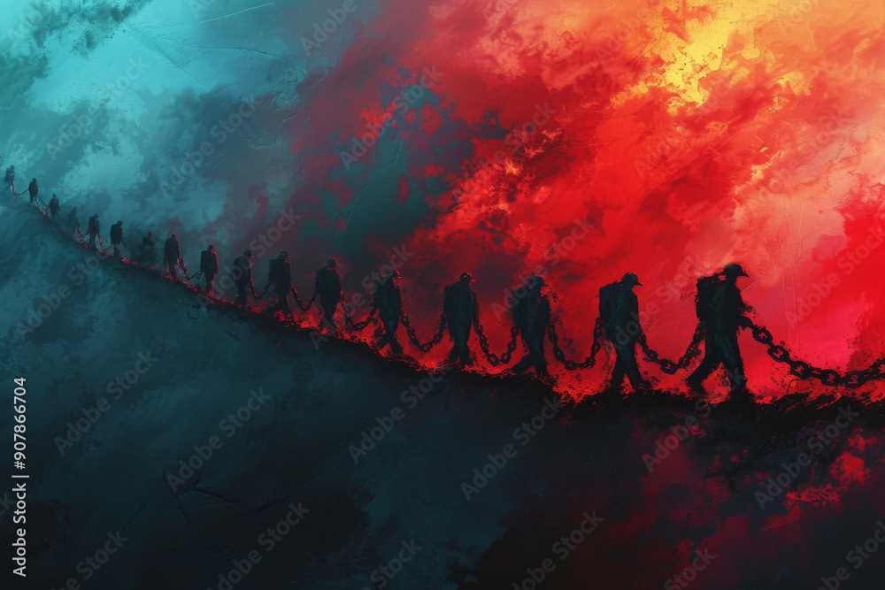 Line of soldiers chained together march through fiery and smoky ...