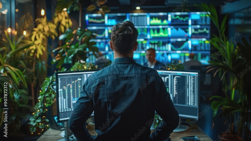 Financial Analyst at Work: Rear View of Successful Businessman in ...