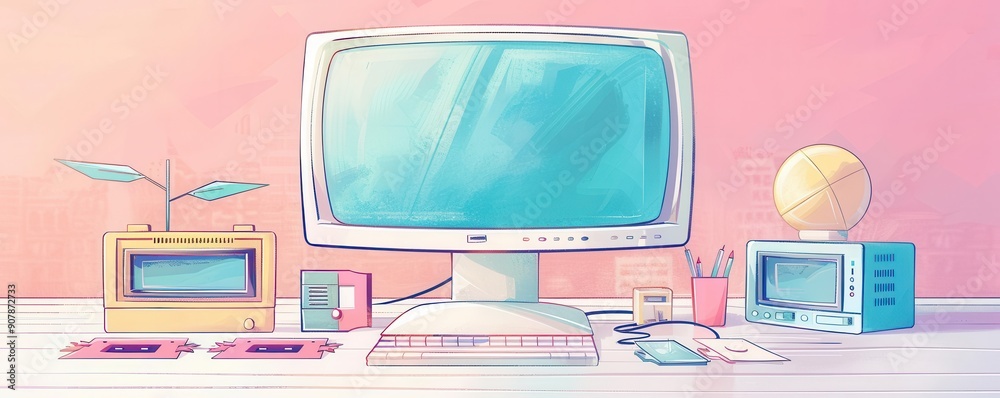 A retro 90s computer setup with a bulky monitor, floppy disks, and ...