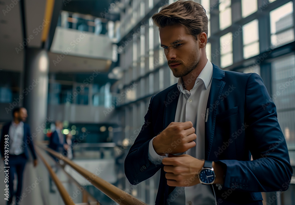 Young businessman in professional attire, wearing a smartwatch, in a ...