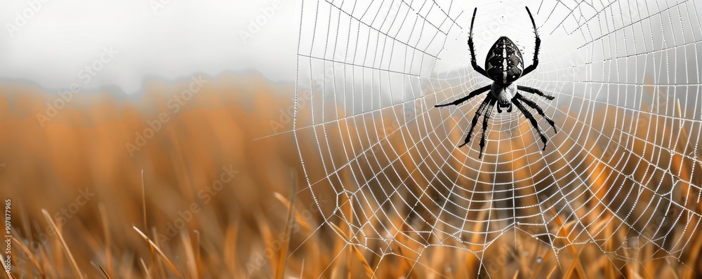 Spindly spider web with a large spider, black and white, Halloween ...