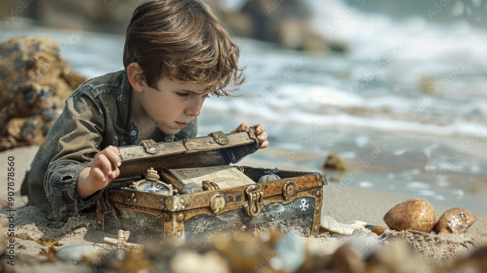 A whimsical pencil-colored illustration of a young boy discovering a ...