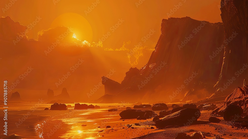 The position of the sun on the horizon adds to the orange glow, with ...