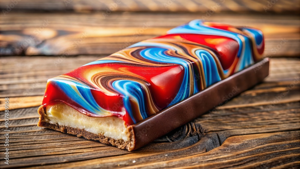 Colorful candy bar with swirled nougat and caramel center, smooth ...