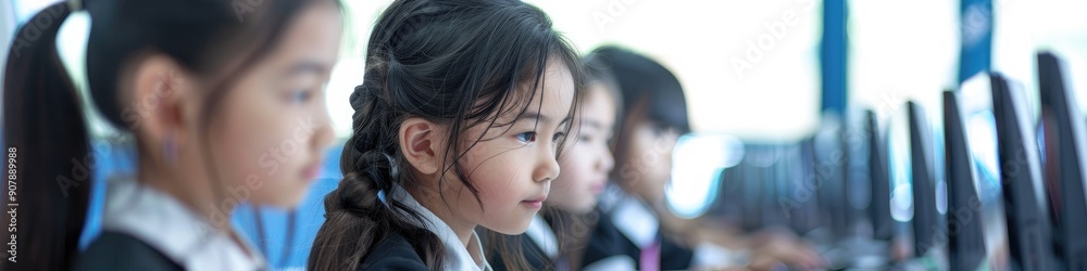 Schoolgirls in private school uniforms concentrating while using a ...
