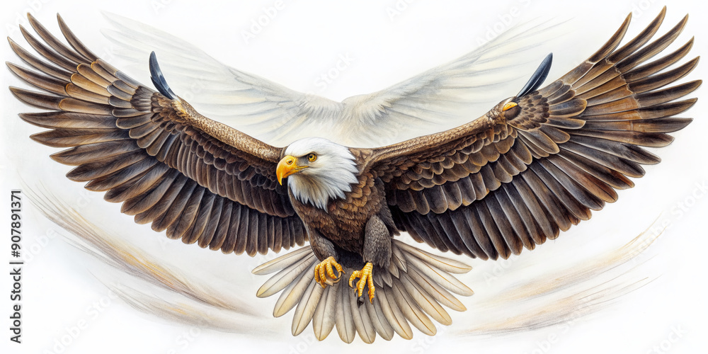 Intricate pencil drawing of a majestic bald eagle in mid-flight with ...