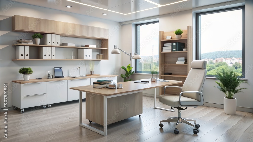 A modern medical office interior with a desk, chair, and medical ...