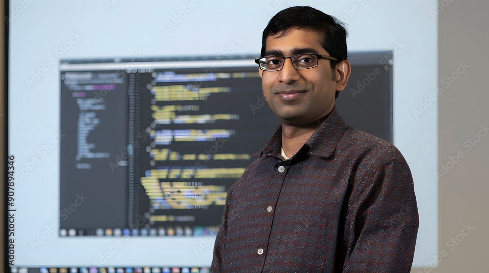 indian man programmer standing in front of a screen with code projected ...