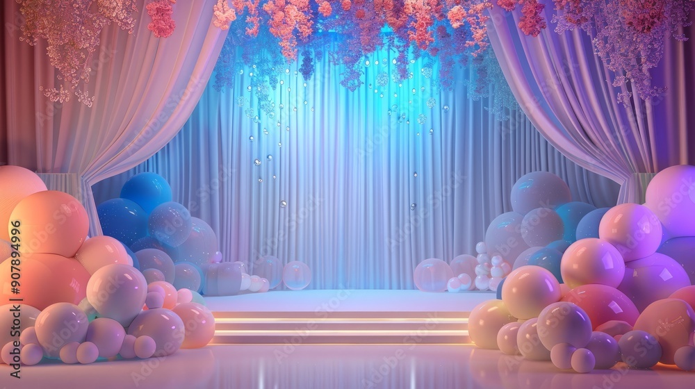 Elegant event stage with colorful balloons and drapes, illuminated with ...