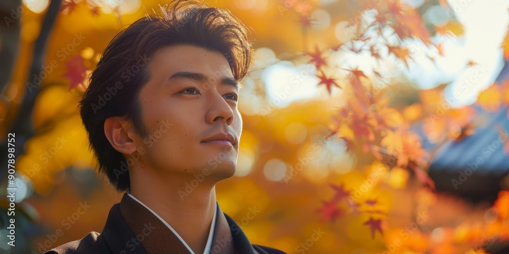 Asiatic man wandering in garden with sunshine, peace, and life ...