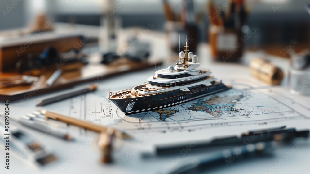 Miniature yacht model on a nautical map with drawing tools, showcasing ...