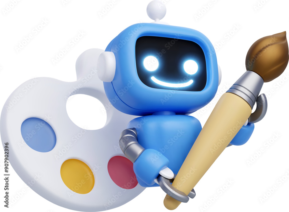3d Vector Robot hold paintbrush with color palettes, Artificial ...