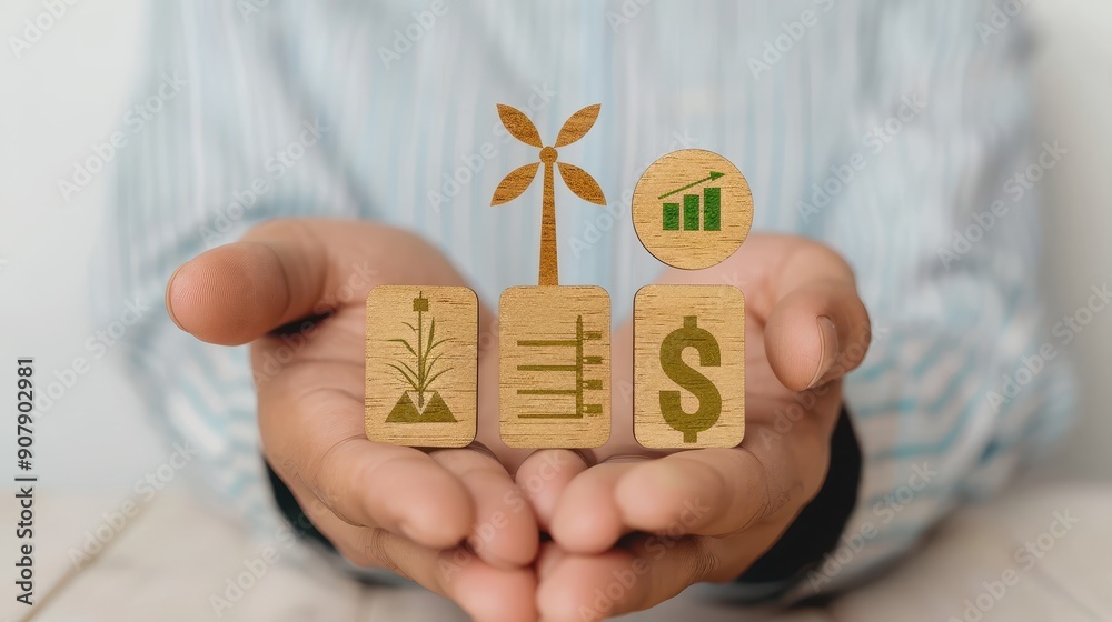 Hands holding wooden blocks with symbols of sustainability, renewable ...