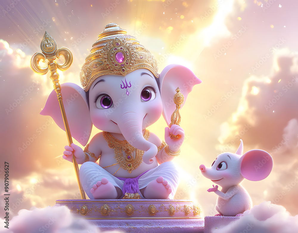 Cute cartoon Ganesha with his mouse companion. Stock Illustration ...
