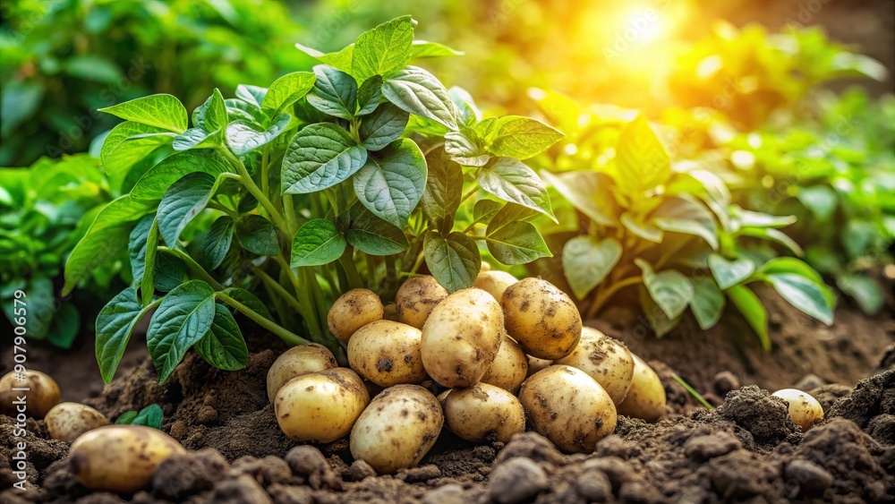 Freshly dug potatoes surrounded by lush green potato bush leaves and ...