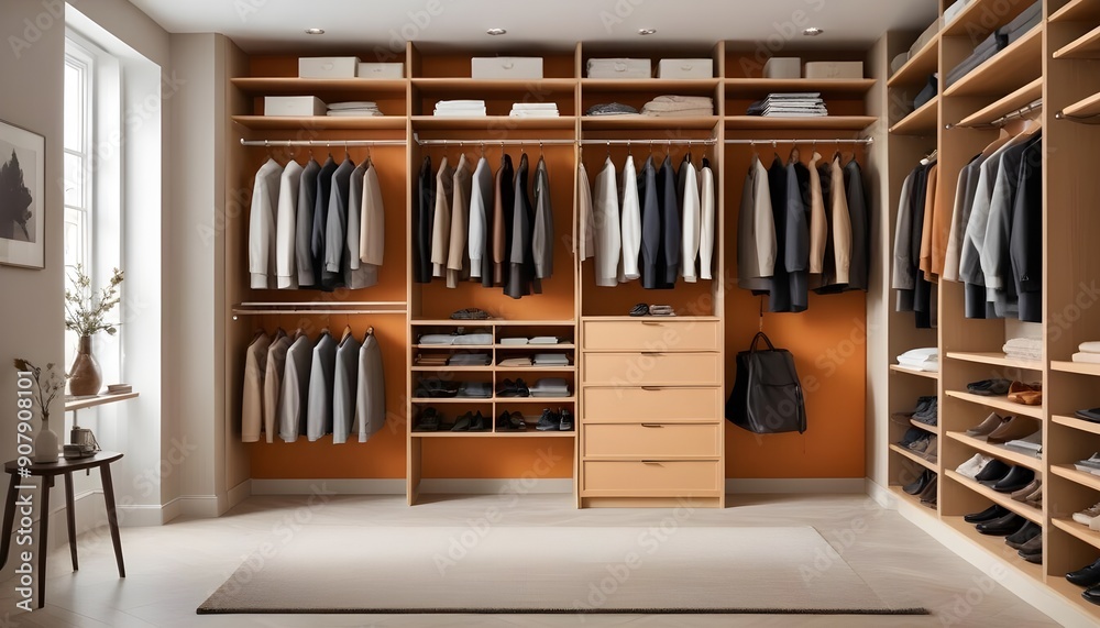 A modern minimalist men's walk-in wardrobe is equipped with clothes ...
